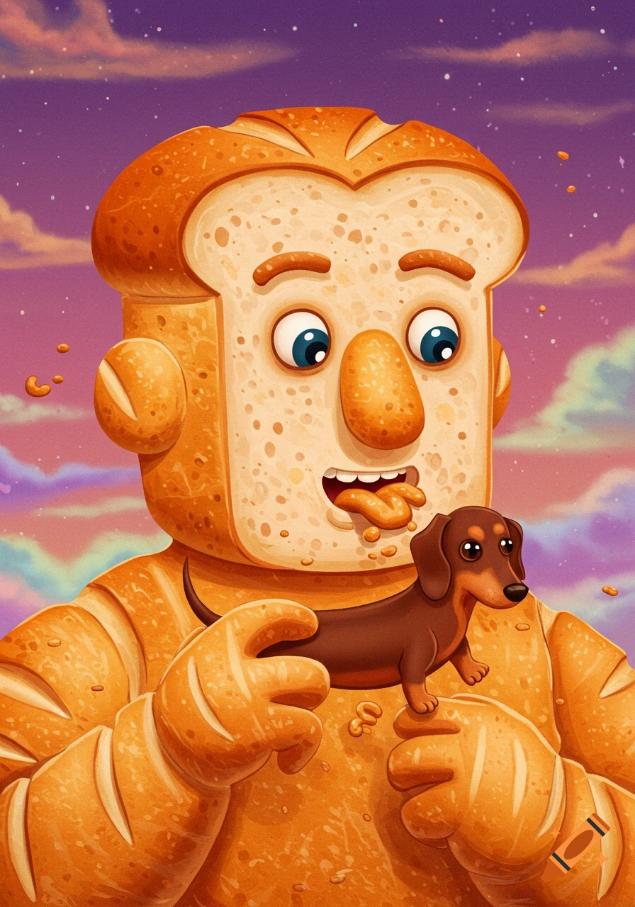 Cartoon illustration of a bread man holding a dachshund sausage against ...