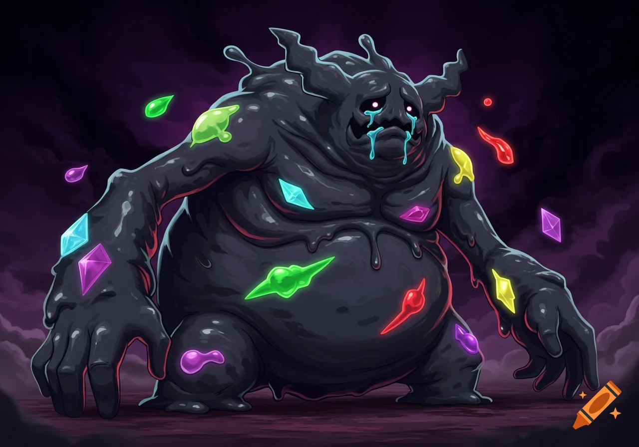 A large, dark, goopy monster with colorful gems and tears in a fantasy ...