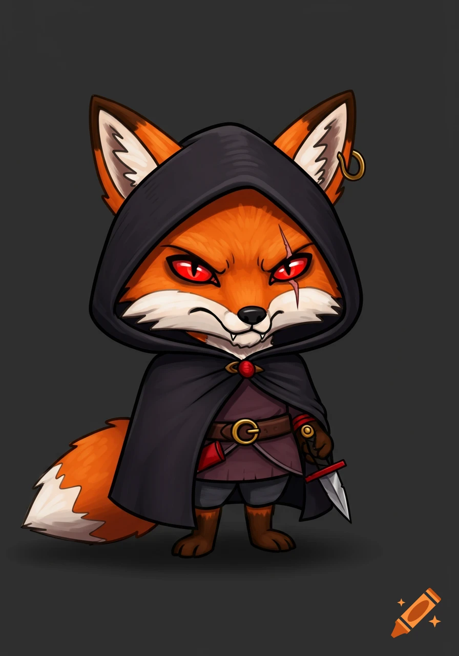 Cartoon fox villain with red eyes, scar, black hooded cloak, and dagger ...