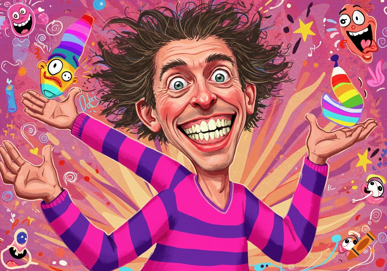 Colorful illustration of a laughing man with exaggerated features ...