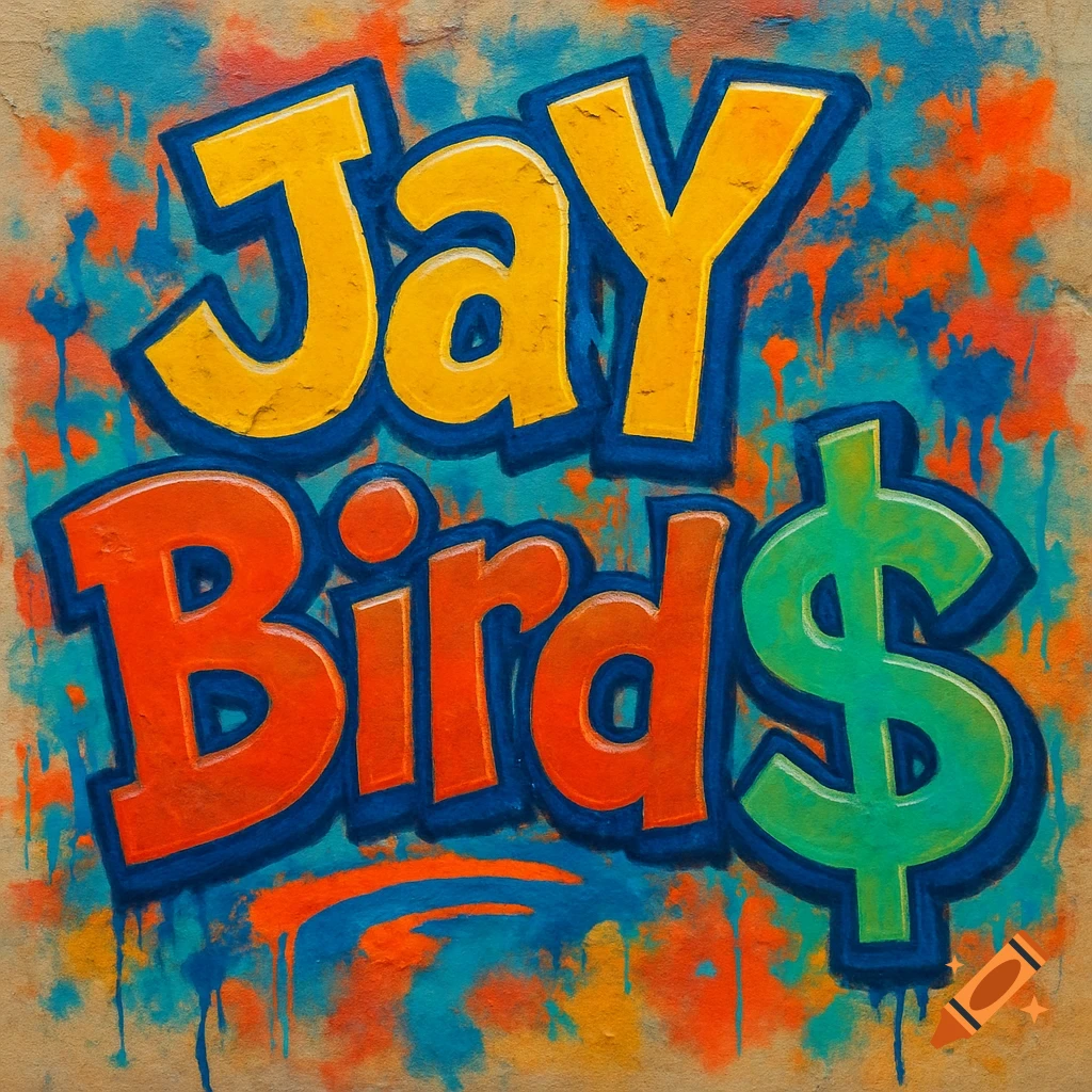 Graffiti art reading JAY Bird $ on a wall, with dripping paint effects ...