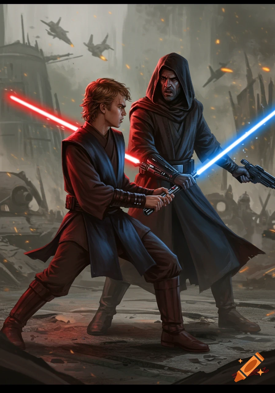 Anakin Skywalker duels a hooded figure with lightsabers in a space ...
