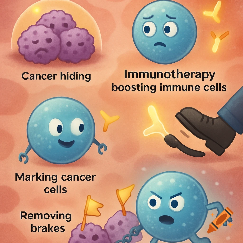 Illustration showing immune cells fighting cancer cells with labels for ...