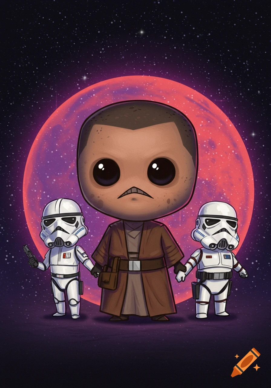 Chibi style figures resembling a Jedi and two Stormtroopers stand in ...
