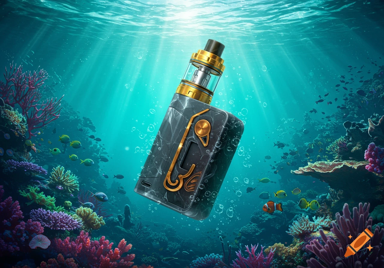 A vape device floats underwater in a vibrant coral reef with tropical ...