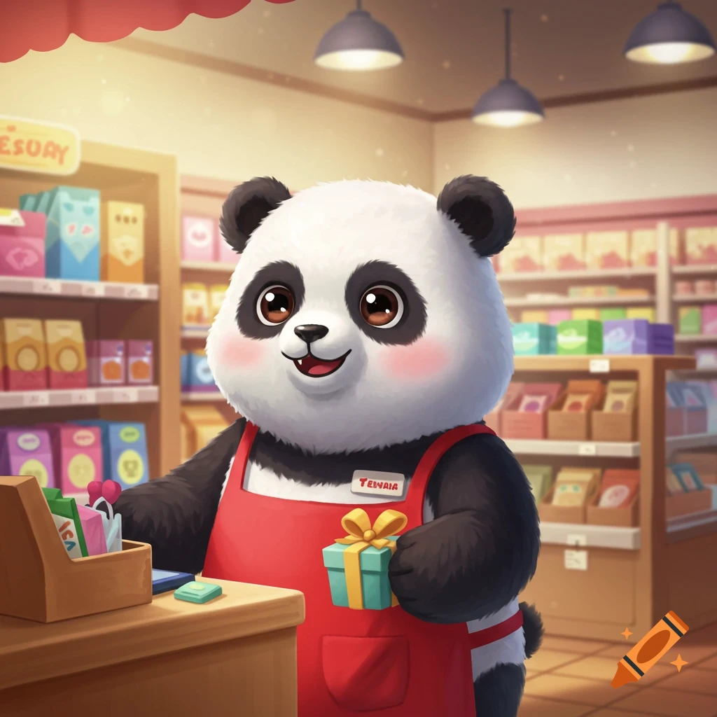 Cute cartoon panda wearing an apron stands behind a counter in a shop ...