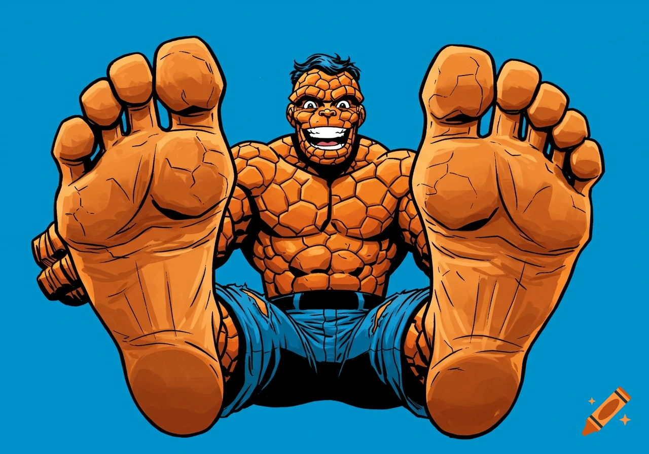 Marvel's The Thing sits with his large feet towards the camera in a ...