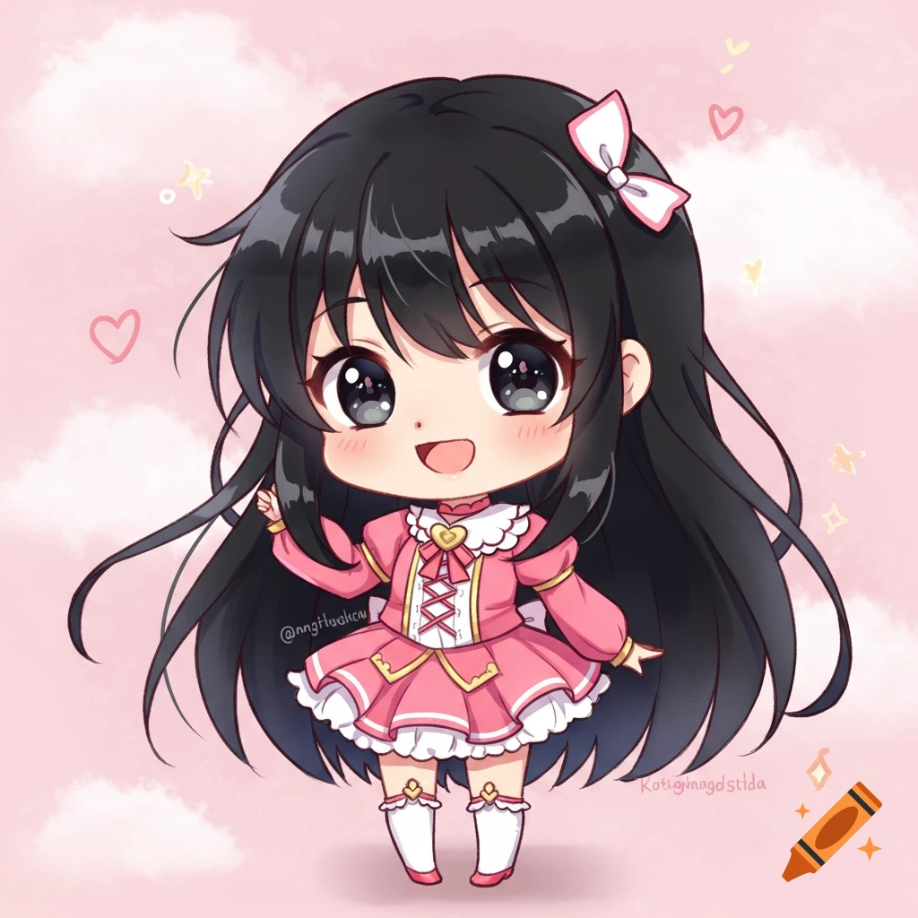 Cute chibi anime girl with black hair in a pink dress. on Craiyon
