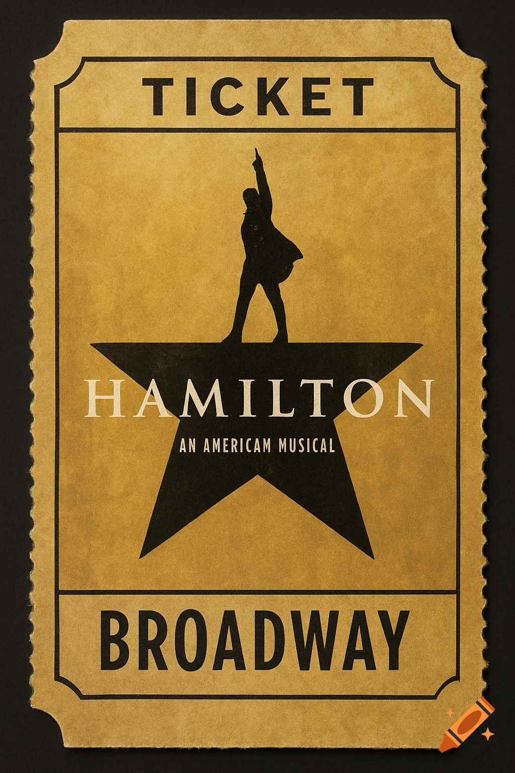 Vintage-style ticket for the Hamilton musical with silhouette and text ...