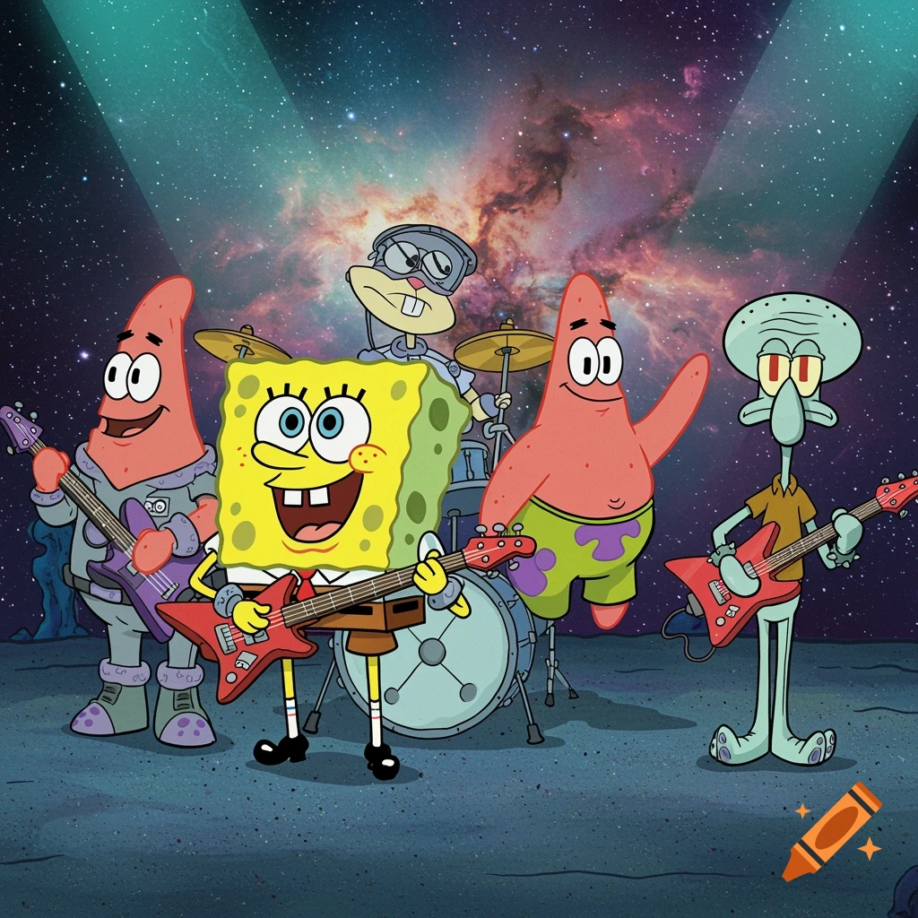 SpongeBob, Patrick, Sandy, and Squidward as a band playing instruments ...