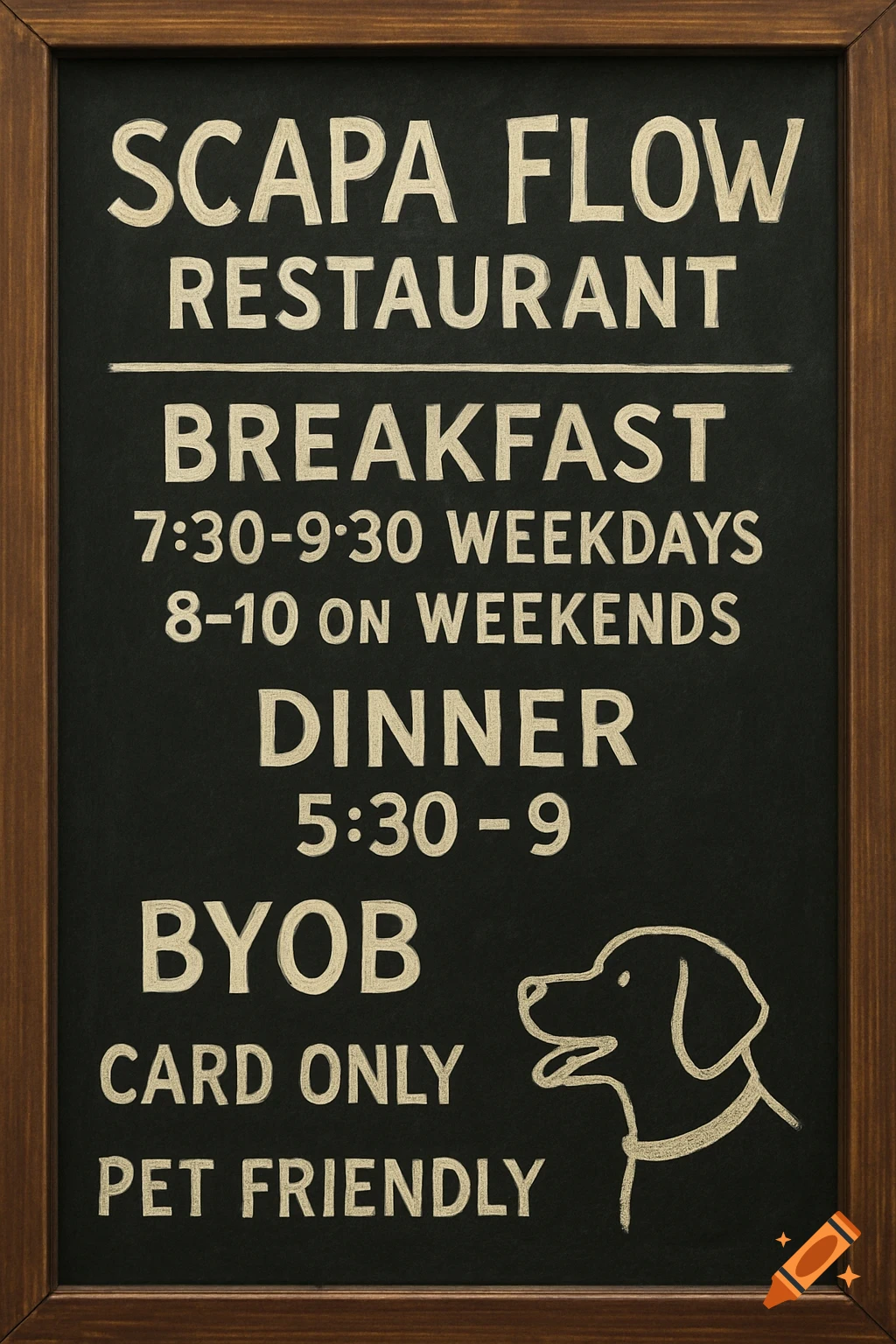 A chalkboard sign for Scapa Flow Restaurant listing breakfast and ...