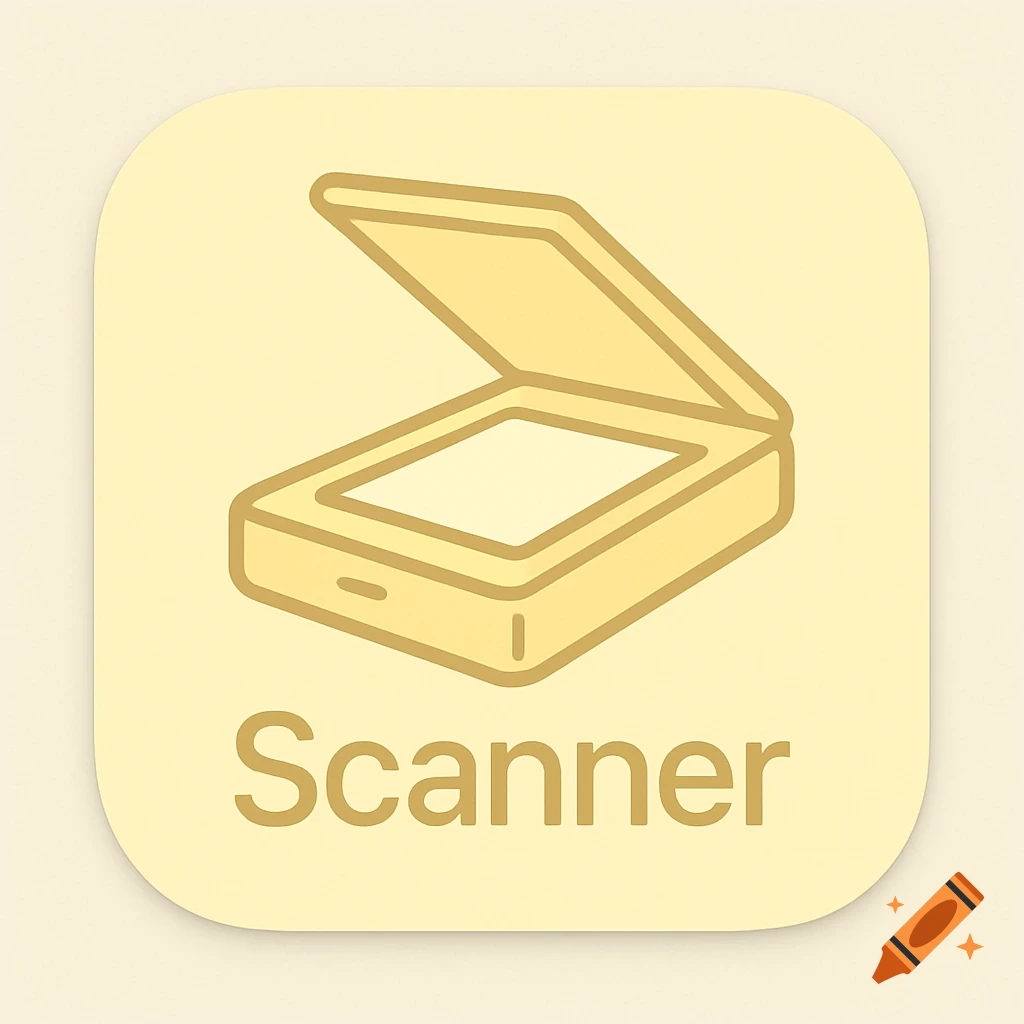 Pastel yellow app icon with a drawing of a scanner and the word ...