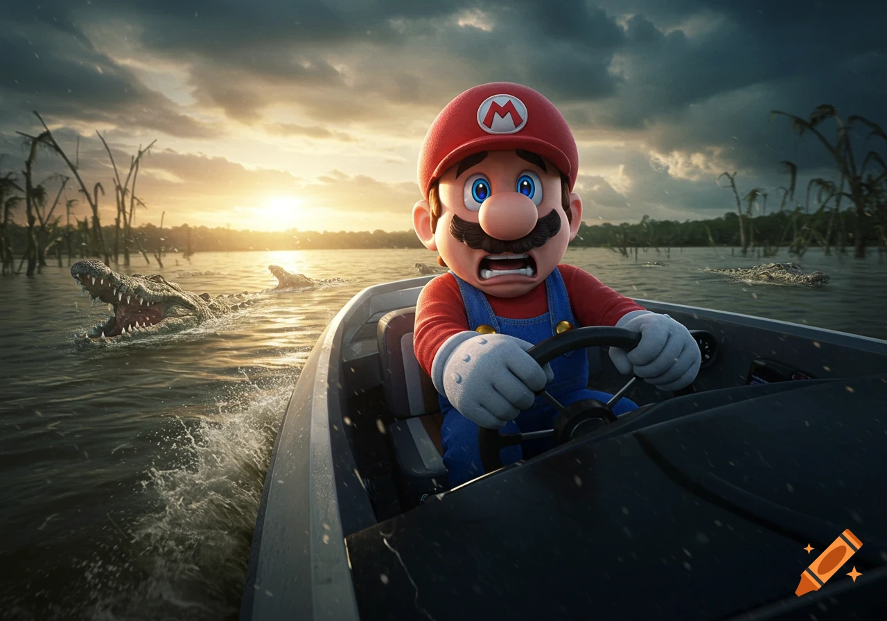 Scared Mario in a speedboat being chased by crocodiles in a lake at ...