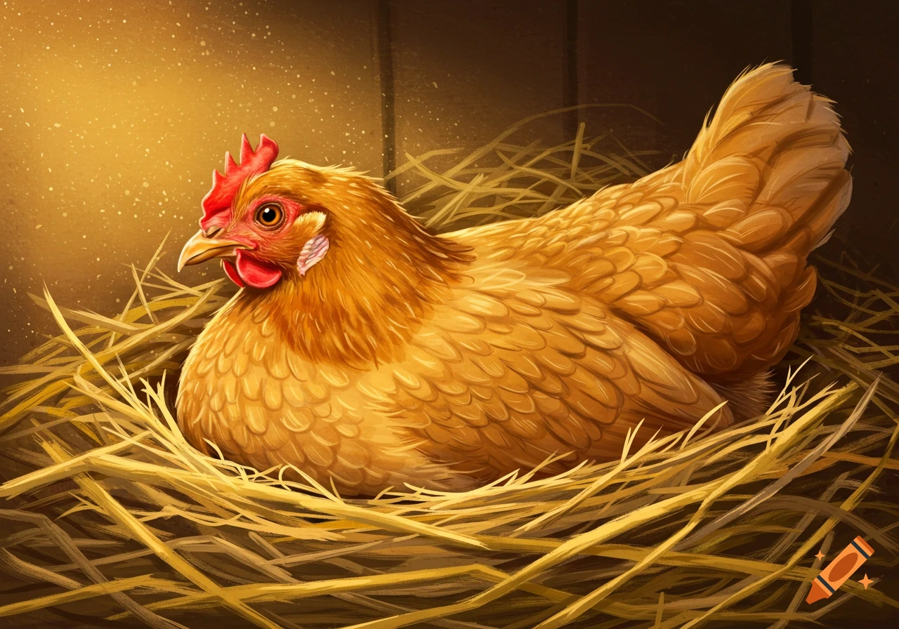 An illustration of a buff colored hen sitting in a nest of straw. on ...