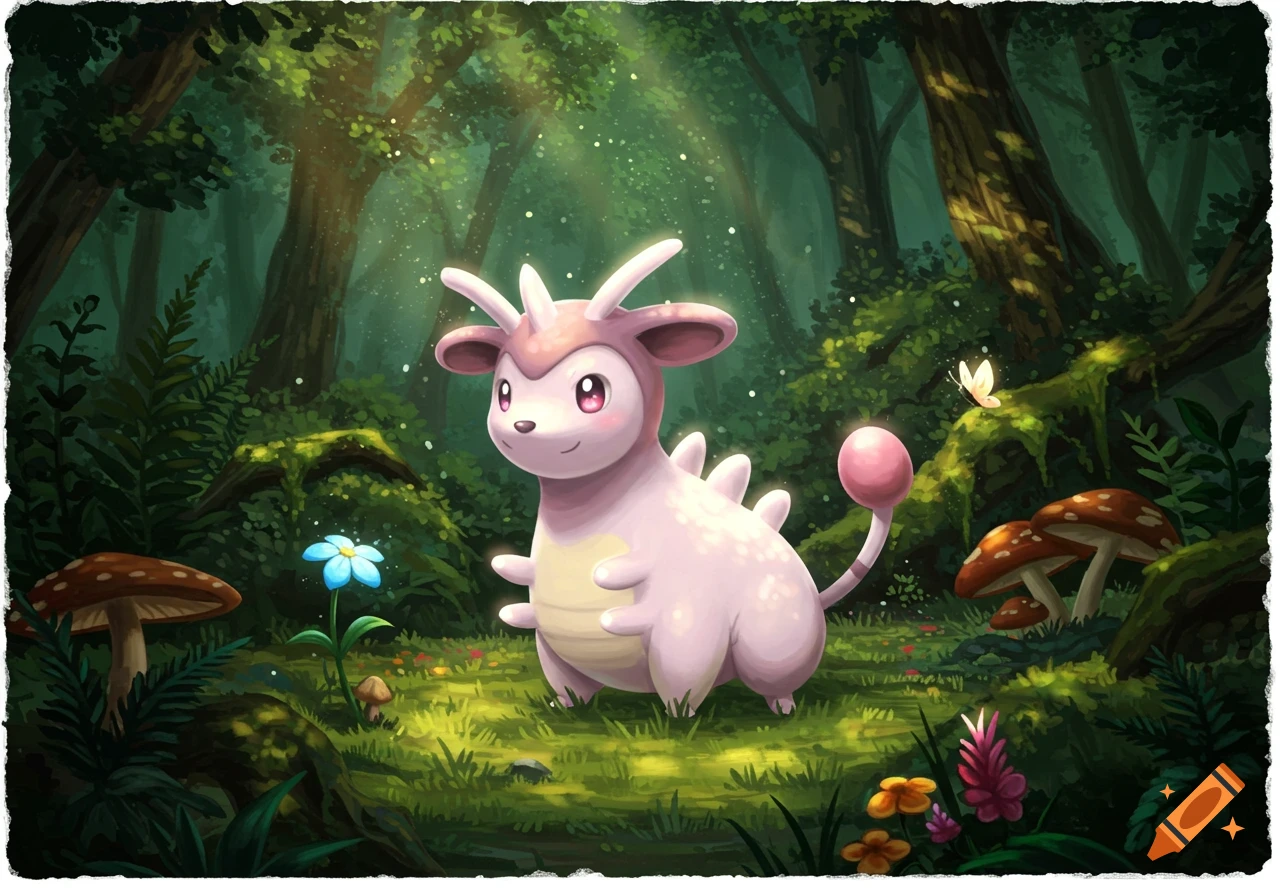 A pink Pokemon-like creature stands in a sunlit forest clearing with ...