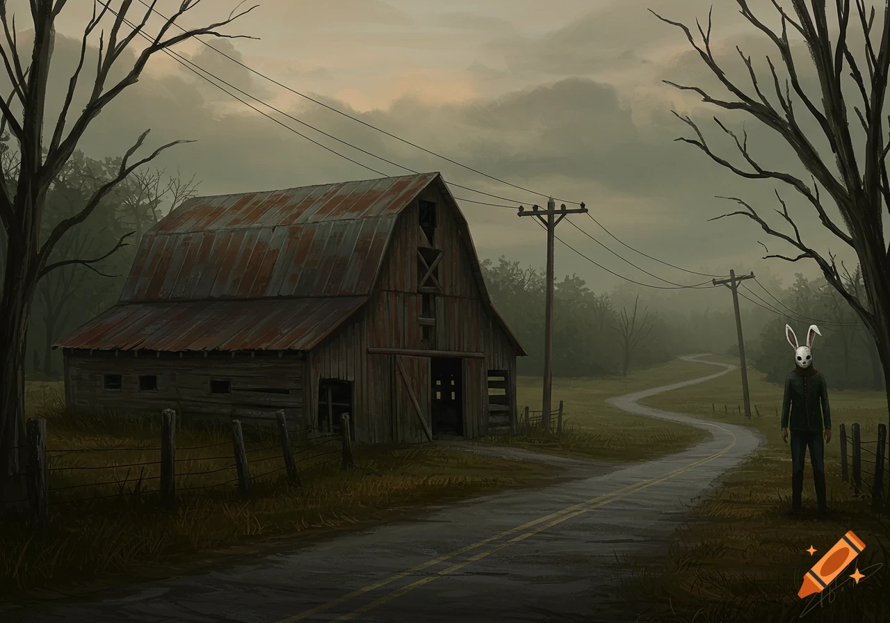 Creepy figure in a rabbit mask stands on a rural road near an old barn ...