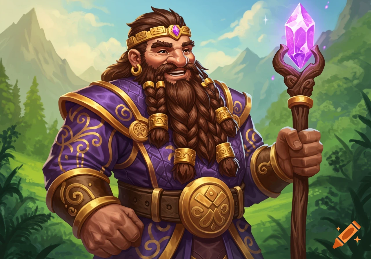 A smiling fantasy dwarf in purple and gold robes holds a staff with a ...
