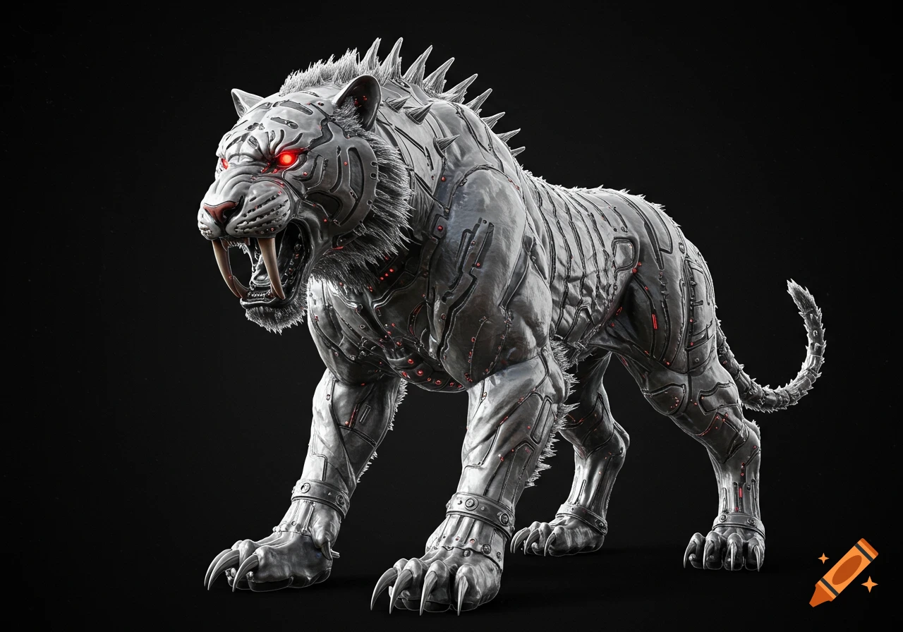 Detailed silver cybernetic tiger with red eyes and sabre teeth against ...