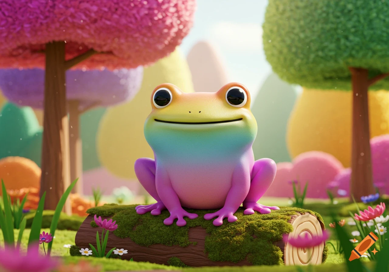 A cute cartoon rainbow frog sits on a mossy log in a whimsical ...