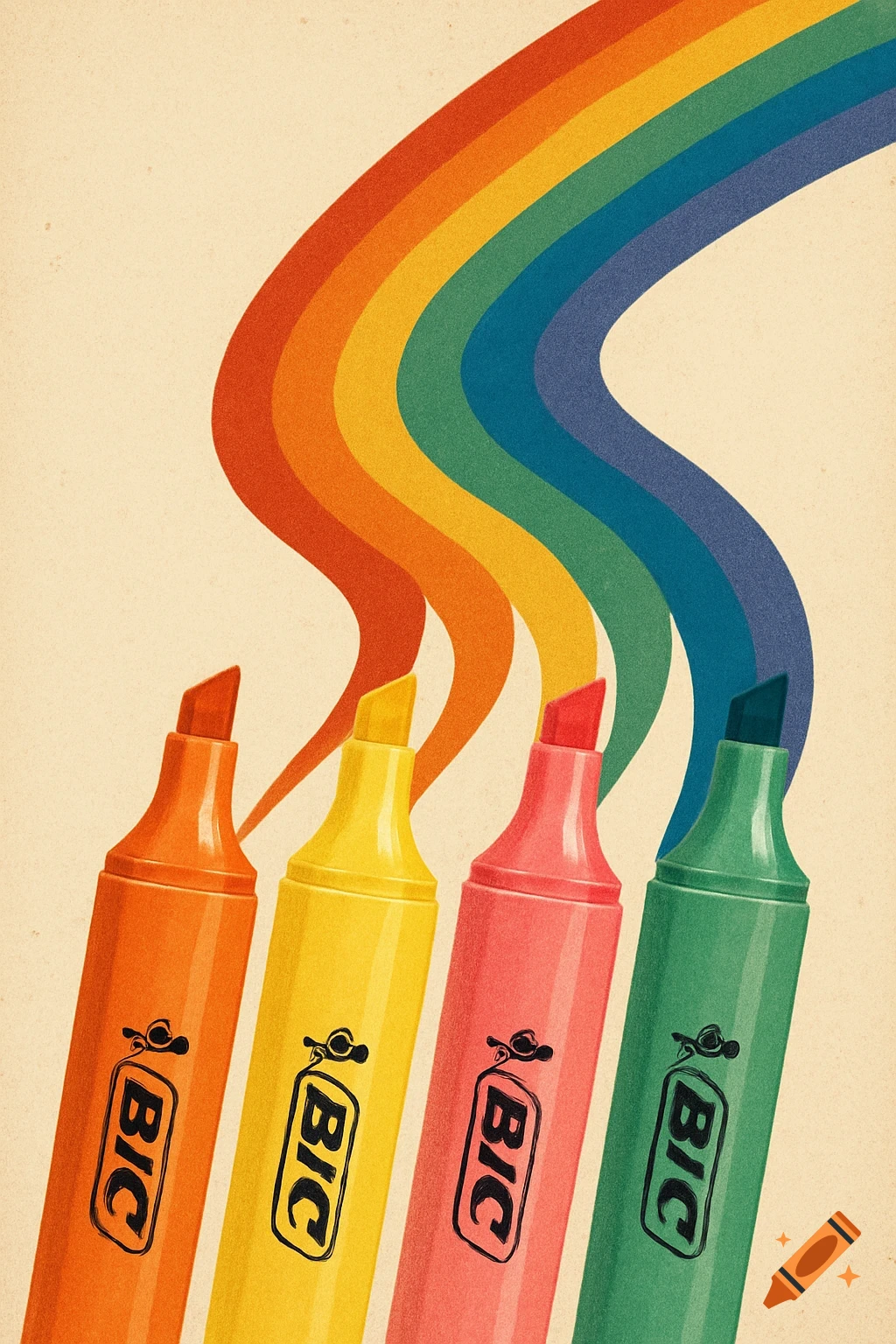 Retro illustration of colorful highlighters drawing a rainbow on Craiyon