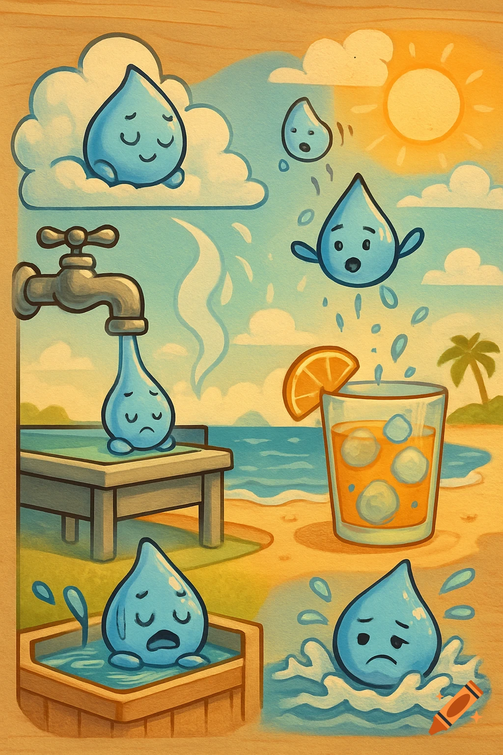 Cartoon water droplets depict stages of the water cycle with different ...