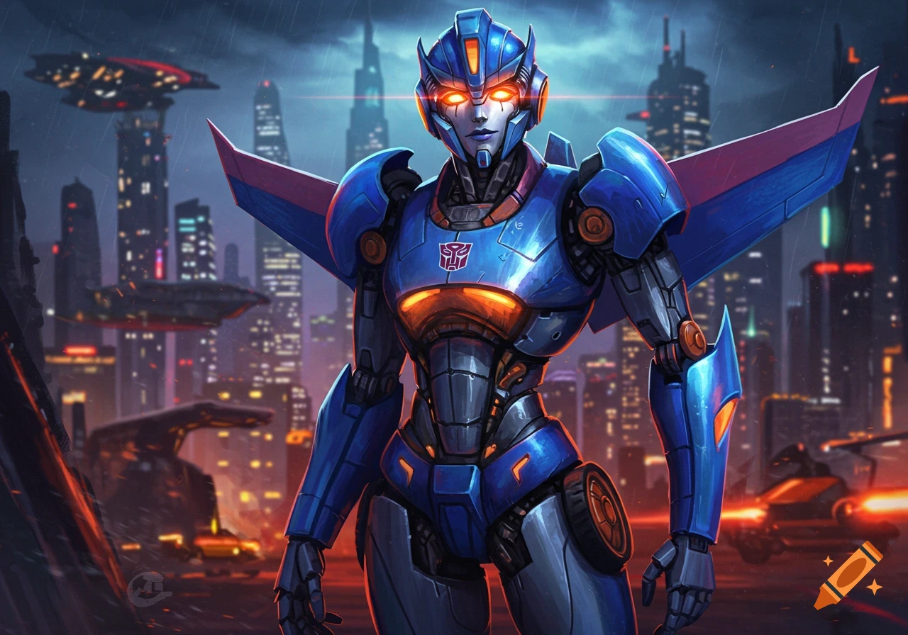 A female Autobot Transformer stands in a rainy futuristic city ...