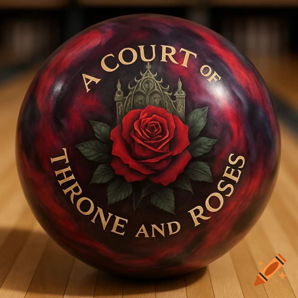 Photorealistic bowling ball with 'A Court of Throne and Roses' text, a ...