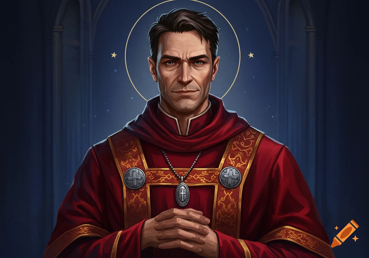 Illustration of a man in red cleric robes with a halo-like circle and ...