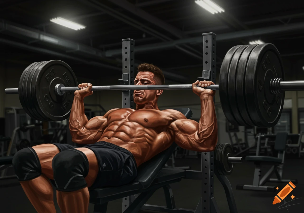 Muscular man bench pressing a barbell in a gym. on Craiyon