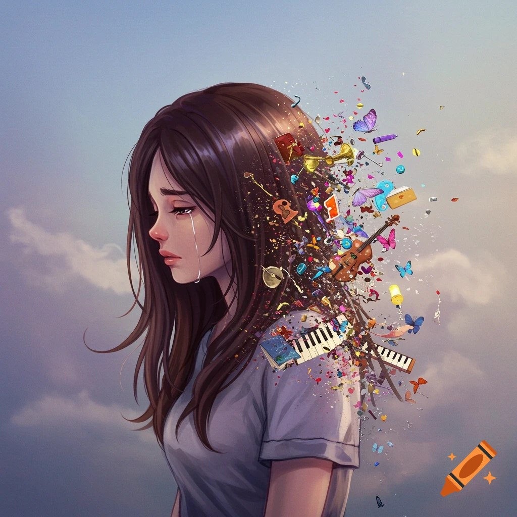 Illustration of a girl crying as colorful objects like musical ...