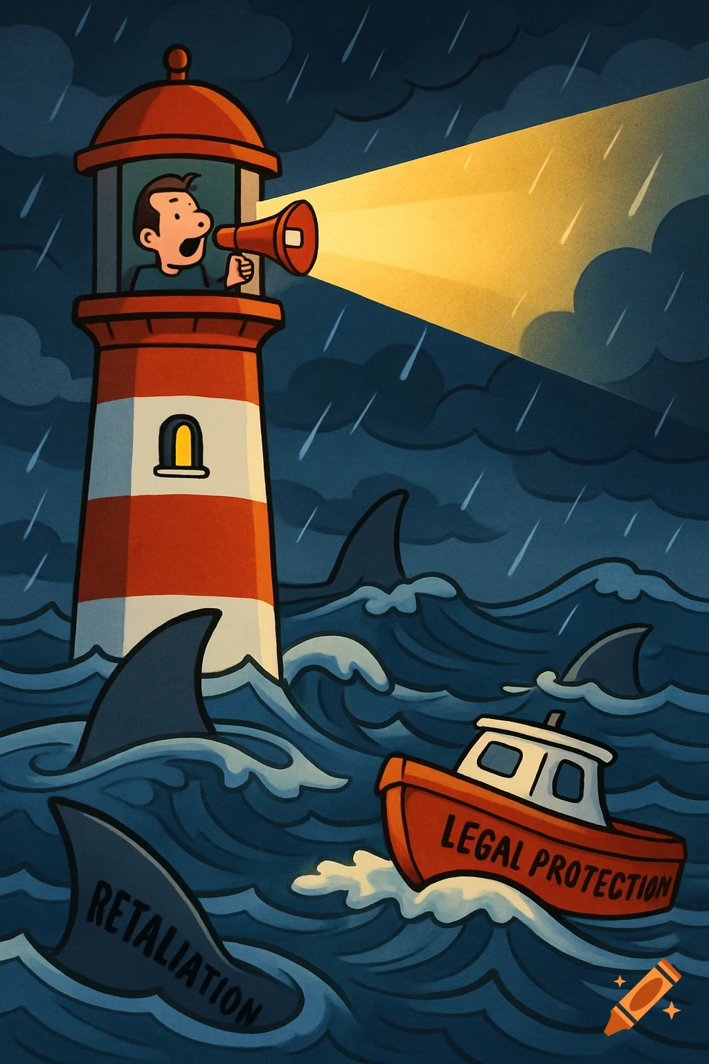 Cartoon illustration of a person in a lighthouse shouting through a ...