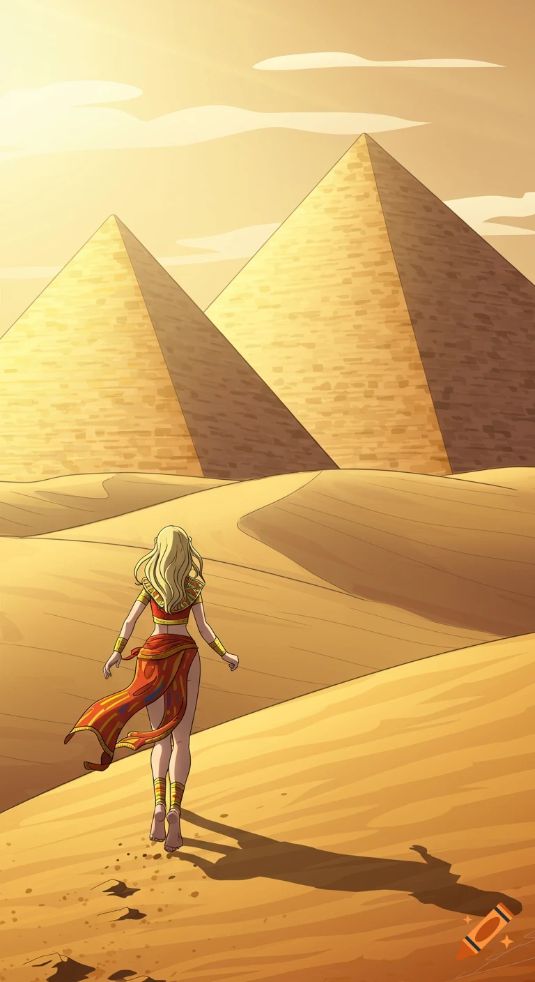 Woman in Egyptian attire walks towards pyramids in a desert, comic book ...