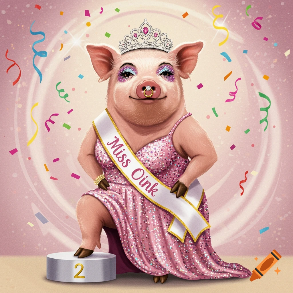 A pig wearing a sparkling pink dress, sash, and tiara stands on a ...