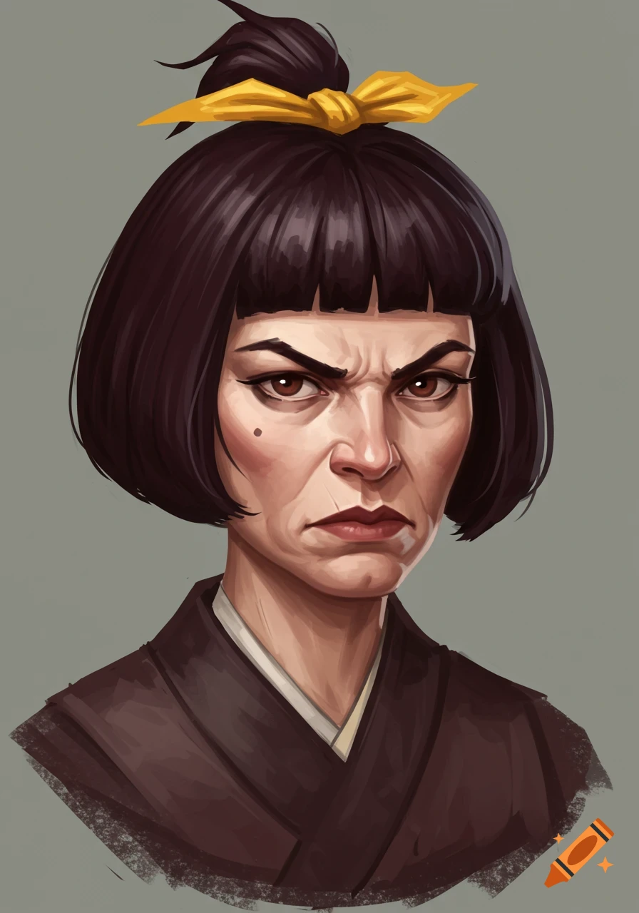 Digital painting of a stern woman with a bob cut and a yellow ribbon in ...
