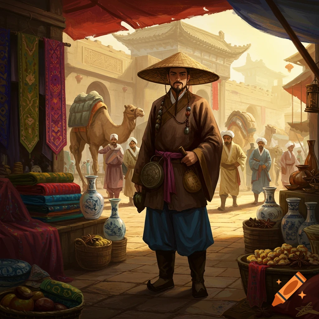 Trader stands in a bustling ancient market on the Silk Road with camels ...
