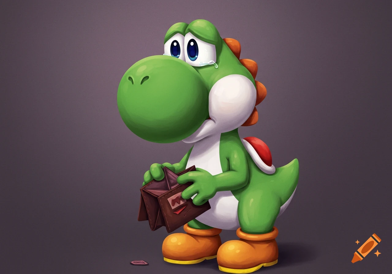 Yoshi the green dinosaur looks sad and is crying while holding an empty ...