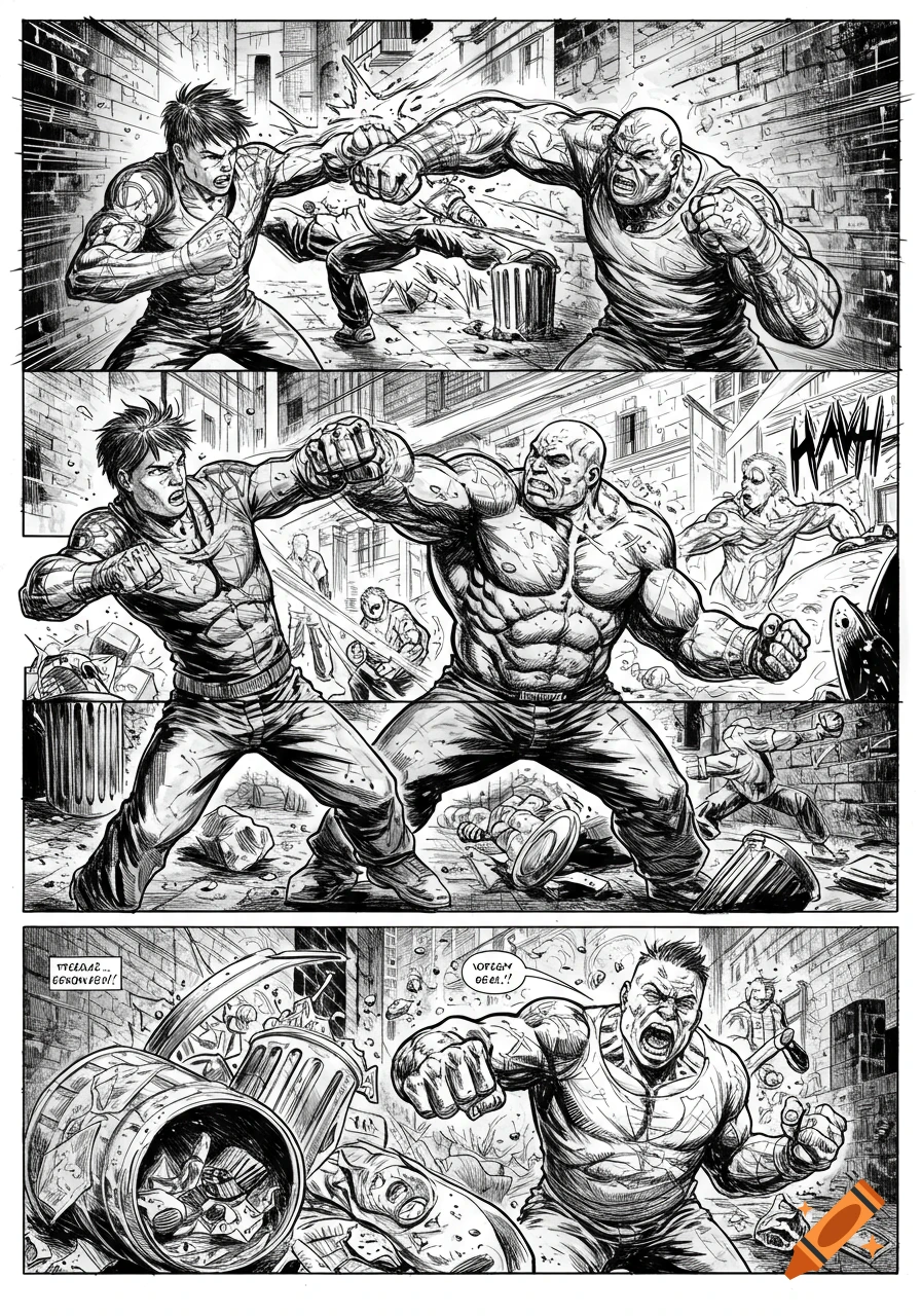 Black and white sketch comic panel of two muscular figures fighting in ...