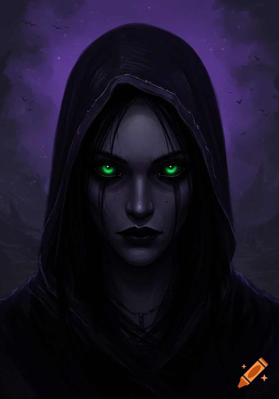 Stylized portrait of a mysterious hooded figure with glowing green eyes. on Craiyon