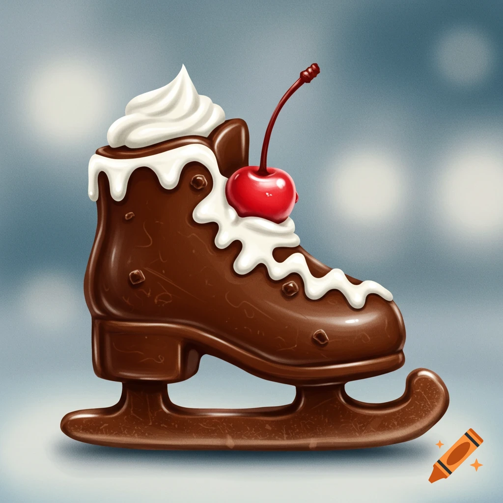 An illustration of a chocolate ice skate topped with white icing and a ...