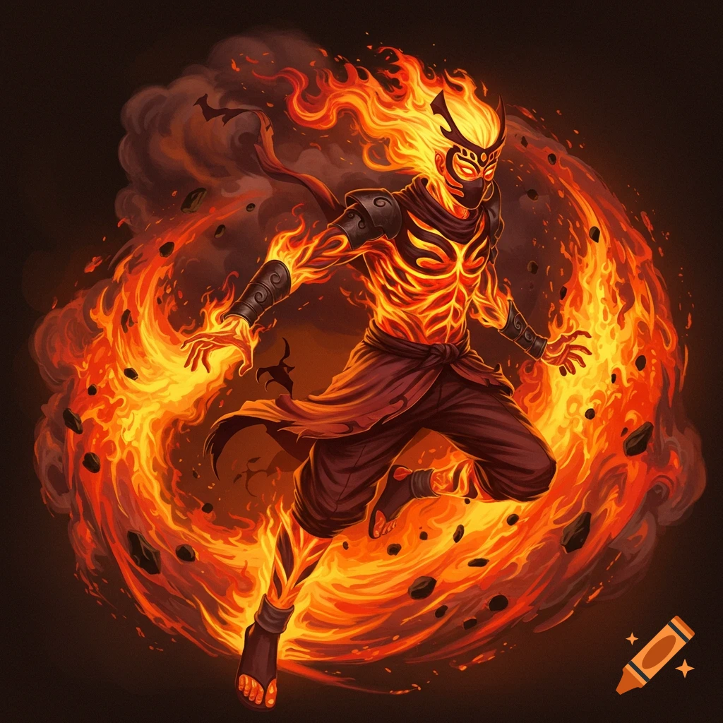 Stylized illustration of a fire elemental ninja surrounded by flames ...