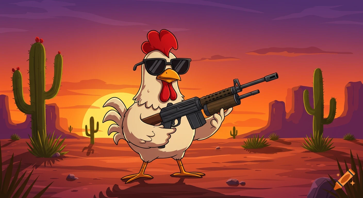 Cartoon chicken with sunglasses and a machine gun in a desert at sunset ...