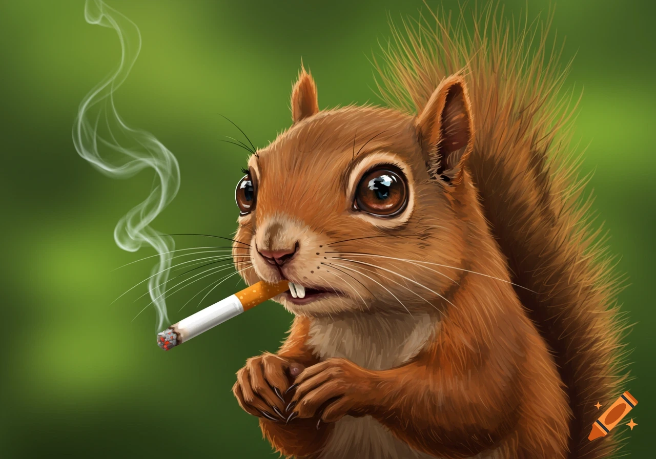 Illustration of a stressed squirrel smoking a cigarette on Craiyon
