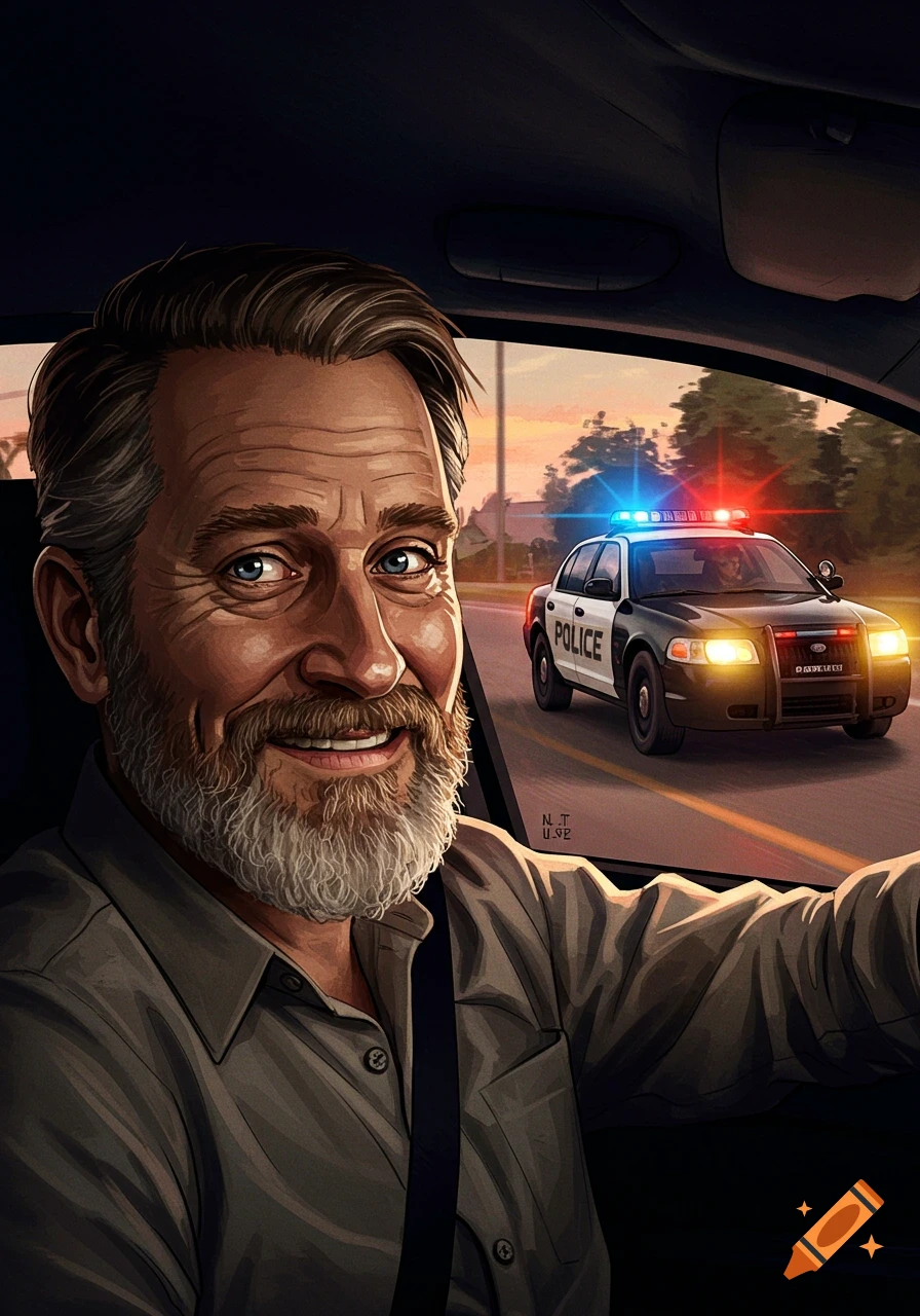 Illustration of a man driving a car with a police car following closely ...