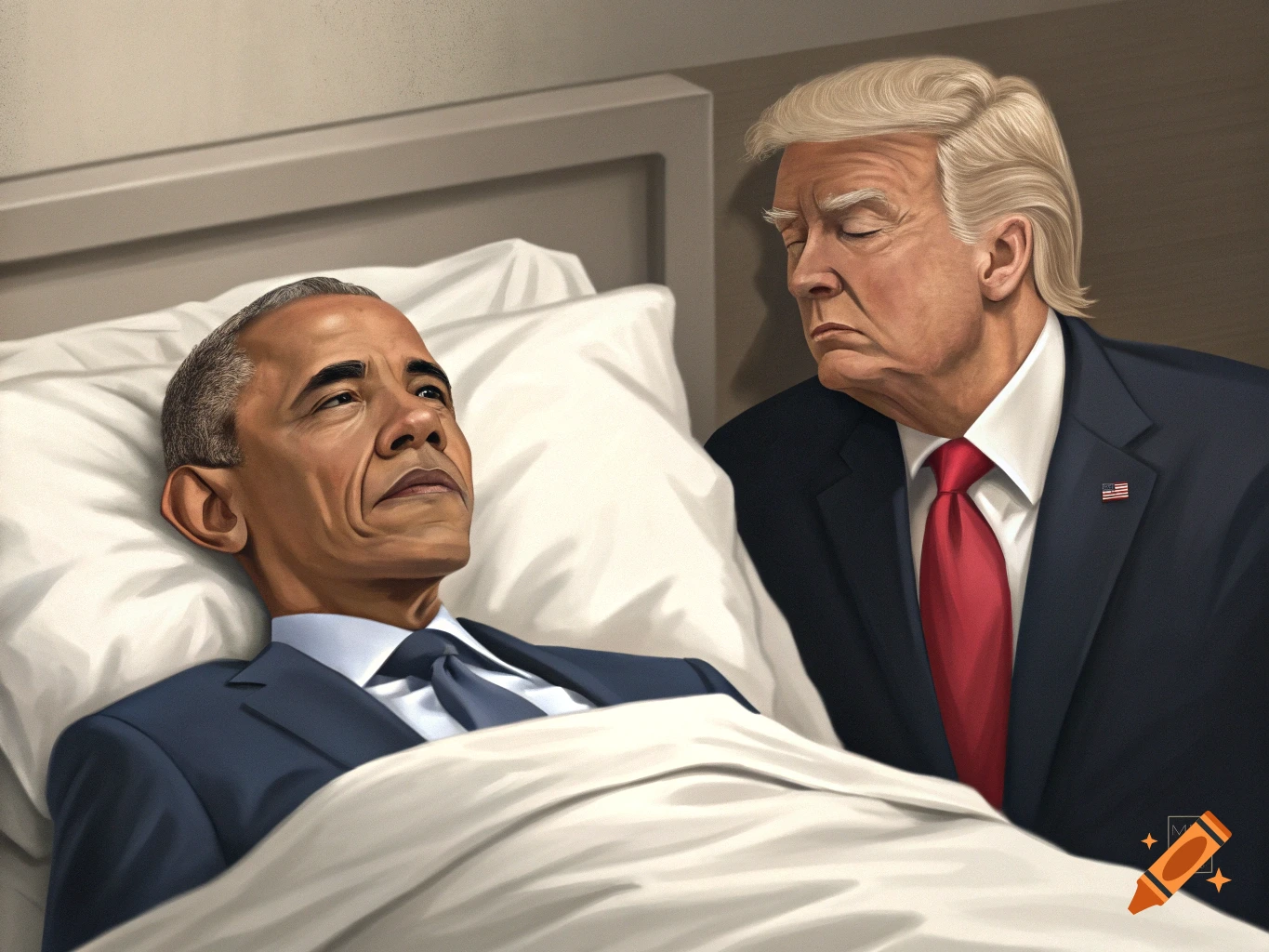 Painting of Barack Obama in bed looking at Donald Trump standing nearby ...