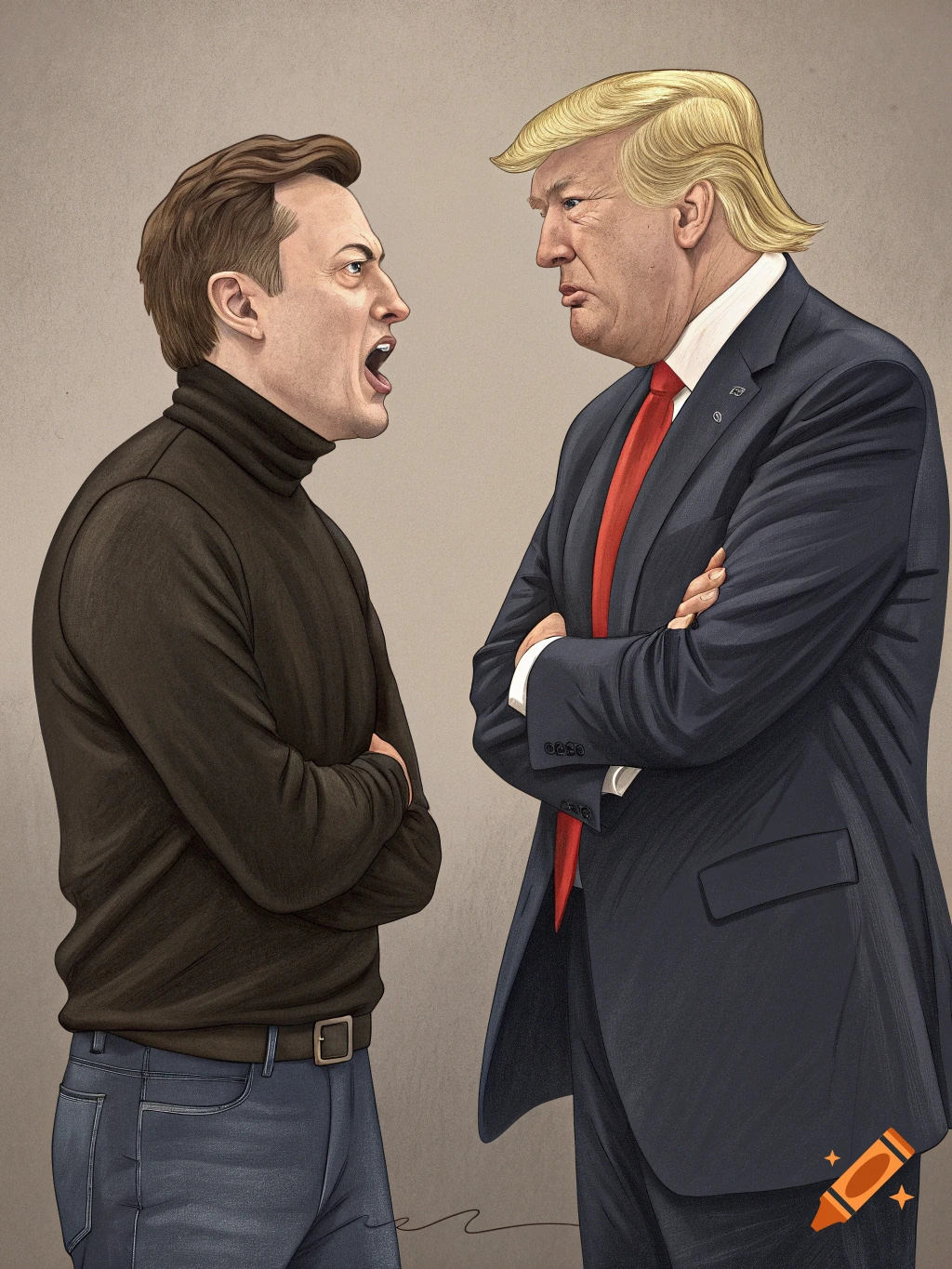 Illustration of Elon Musk shouting at Donald Trump. on Craiyon