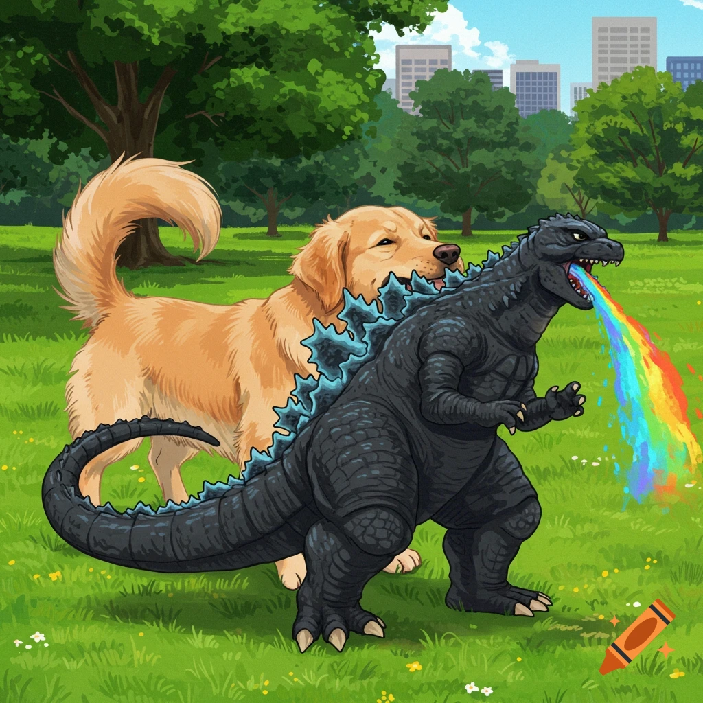Cartoon of a golden retriever dog standing behind a small Godzilla ...