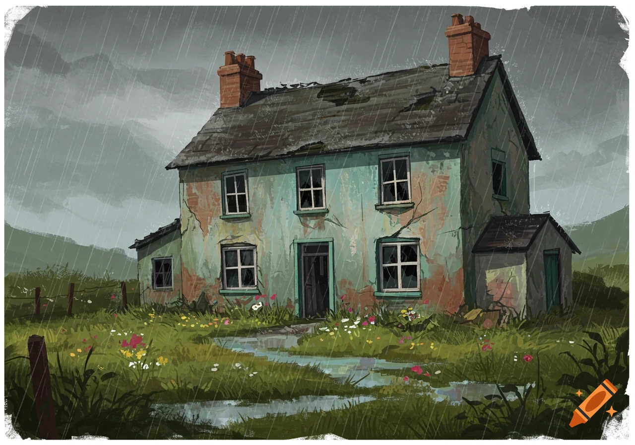 Illustrated painting of a rundown cottage with broken windows in the ...