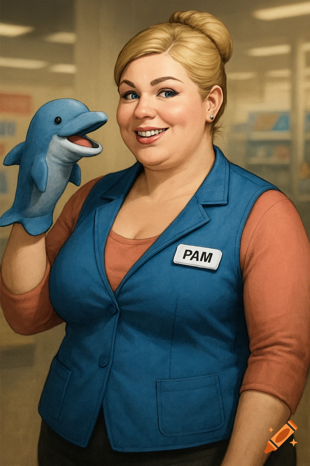 A smiling blonde woman wearing a blue retail vest holds a blue dolphin ...