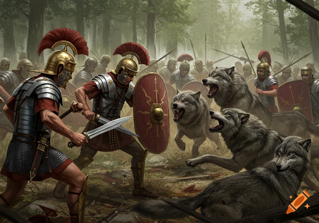 Roman soldiers battle wolves in a forest clearing. Detailed ...
