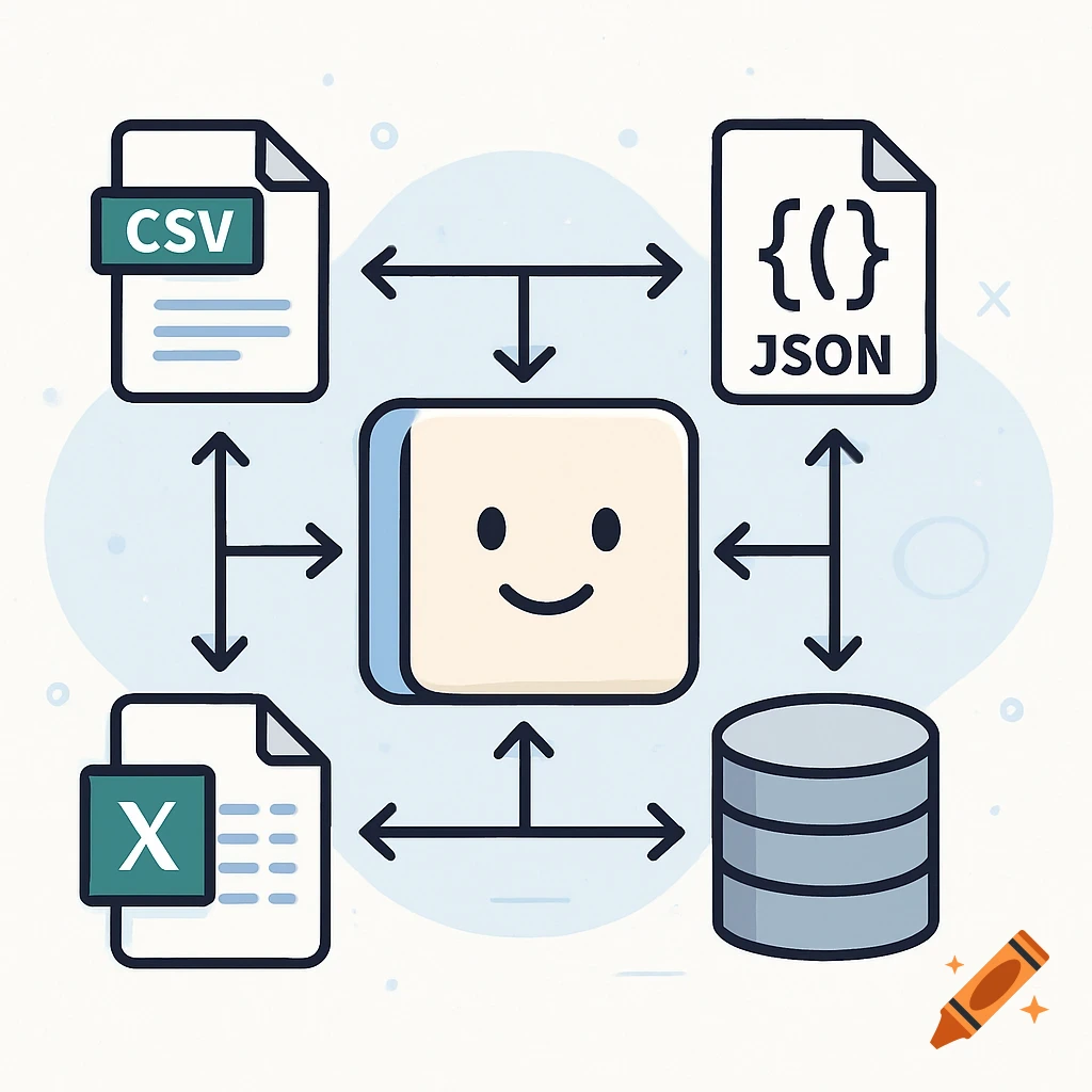 A stylized illustration showing a central happy box connected to data file icons (CSV, JSON ...